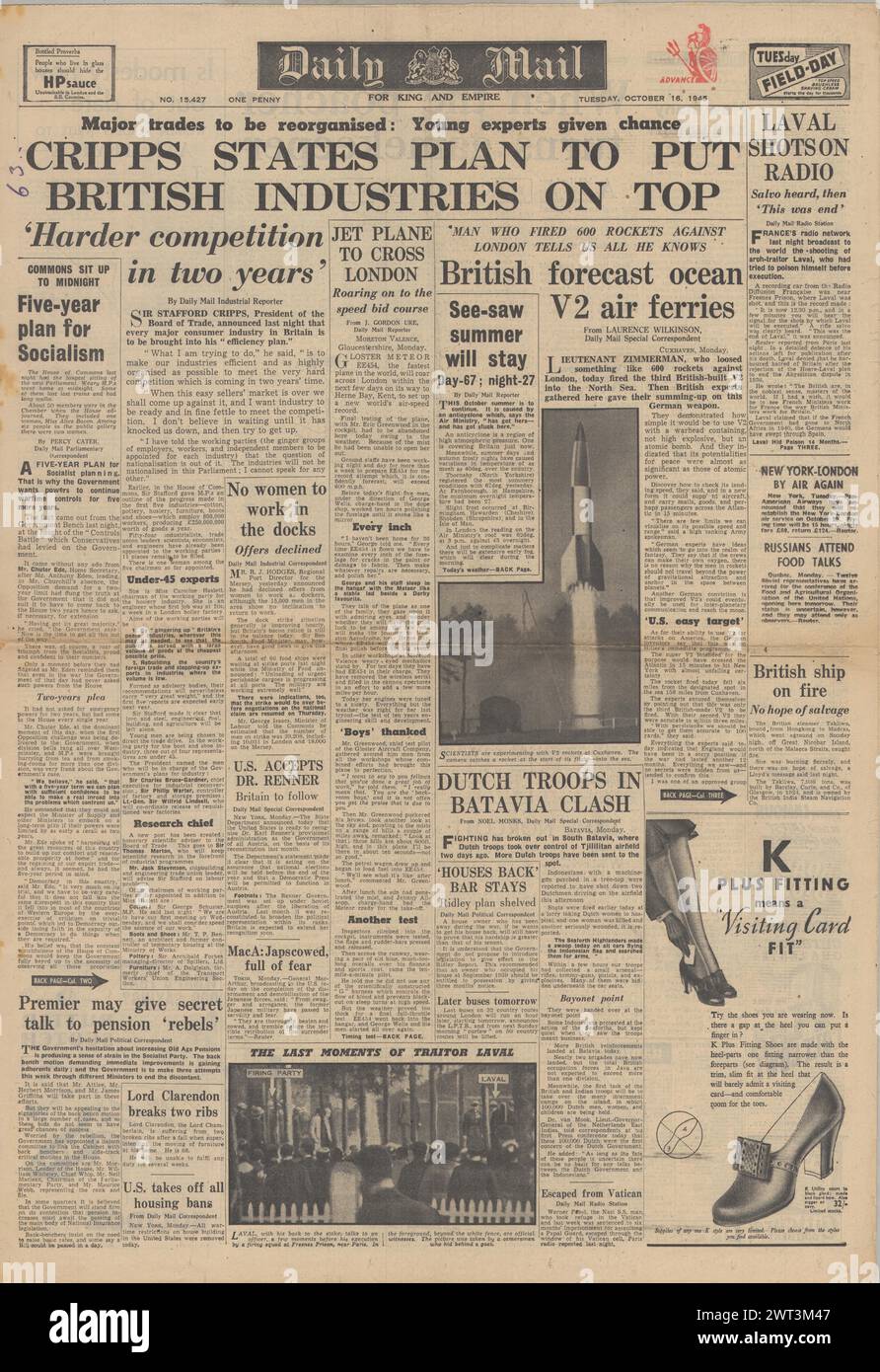 1945 Daily Mail front page reporting Cripps plans for British industry ...