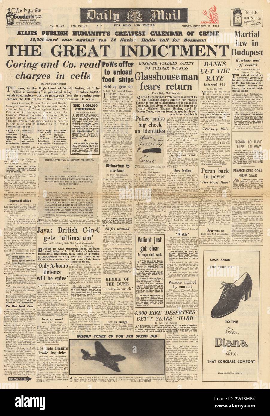 1945 Daily Mail front page reporting Nazi defendants charged at ...