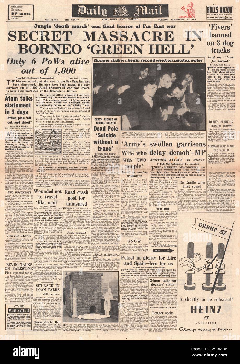 1945 Daily Mail front page reporting Japanese war crime on Borneo Stock ...