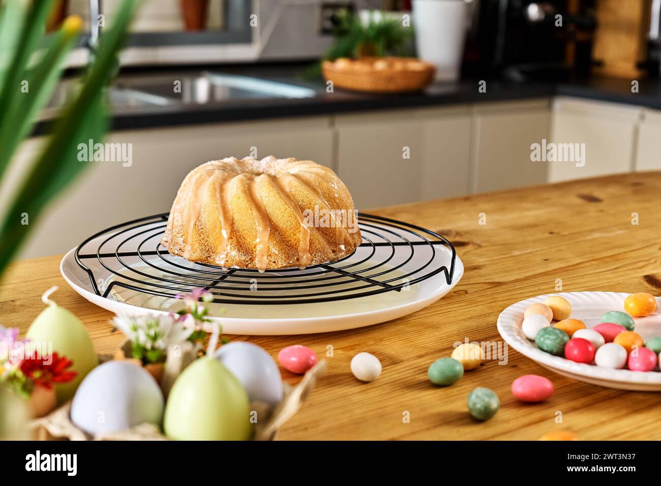Traditional easter cake or sweet bread with topping and icing on the ...