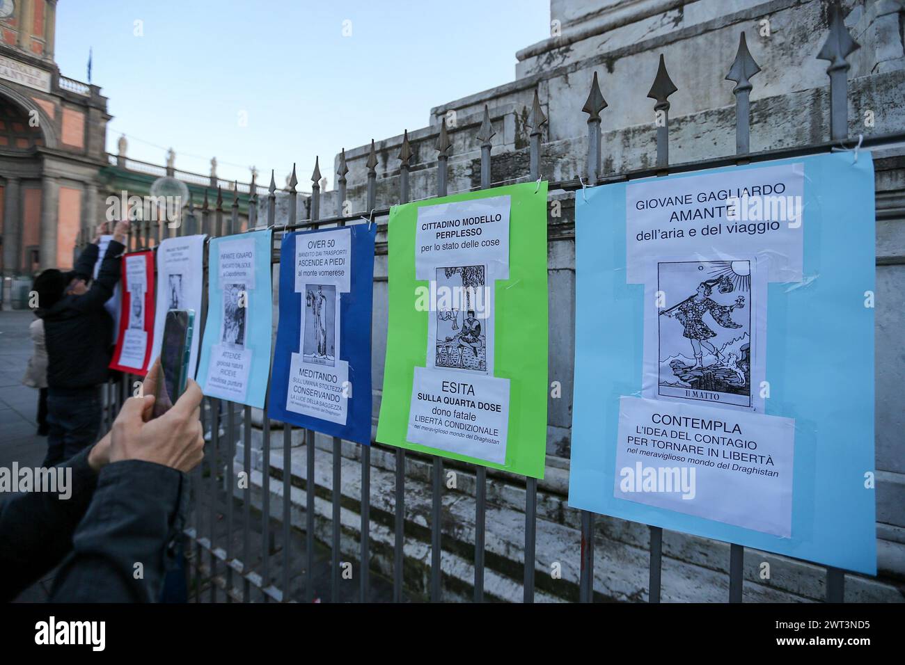 A series of No Vax posters, hung in the square, during the No Green ...
