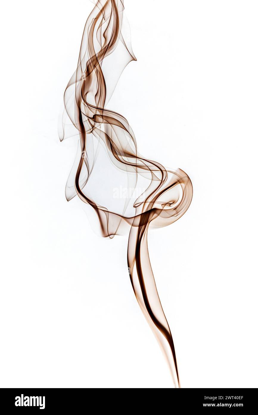 A coil of brown smoke against a plain white background (studio shot ...