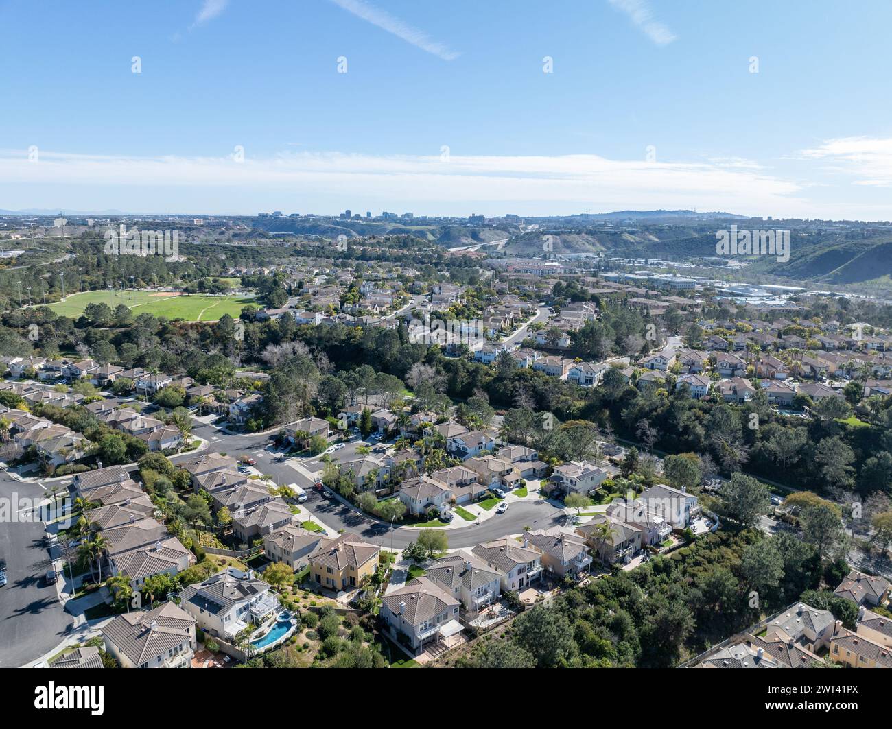 Aerial view of middle class subdivision neighborhood with residential ...