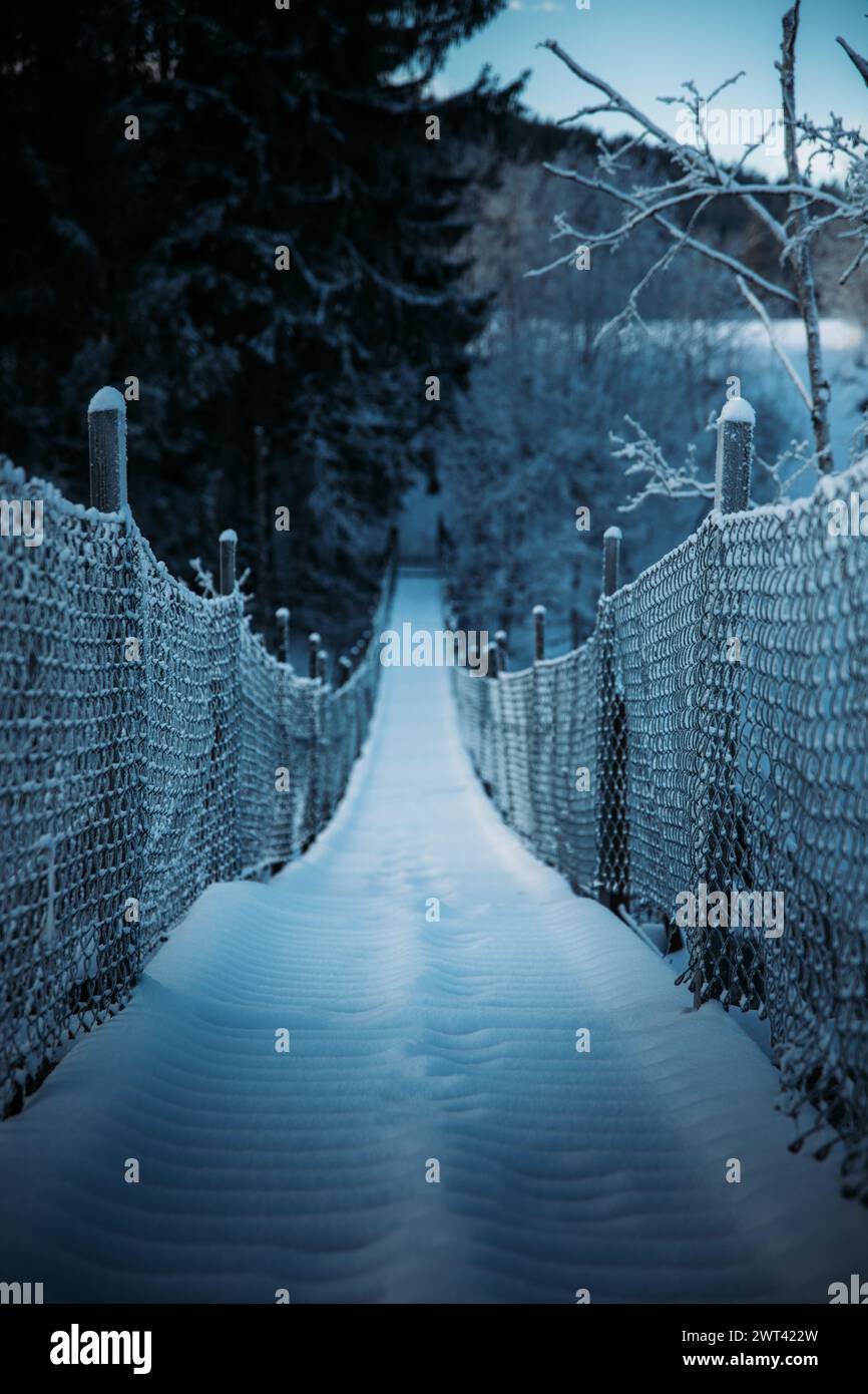 A snow-covered footbridge over icy water with distant trees Stock Photo ...