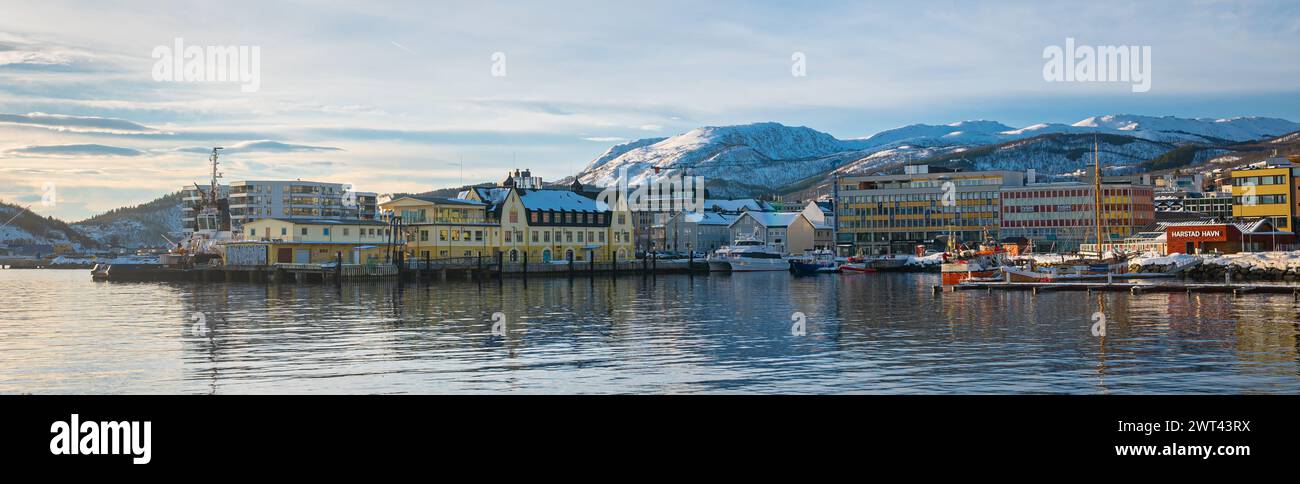 Panorama of the harbour of Harstad, northern Norway in winter Stock ...