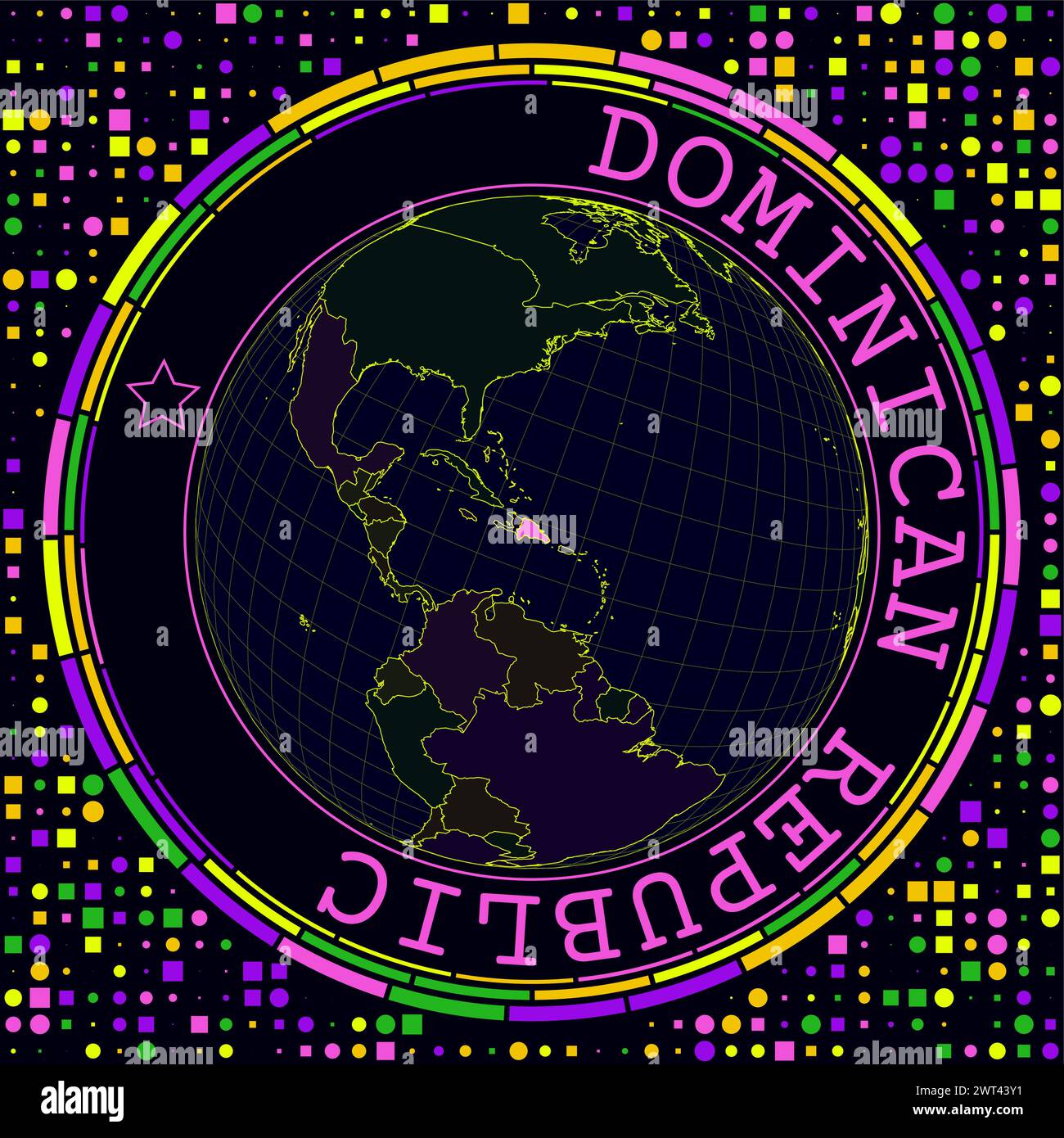 Futuristic Dominican Republic on globe. Bright neon satellite view of ...