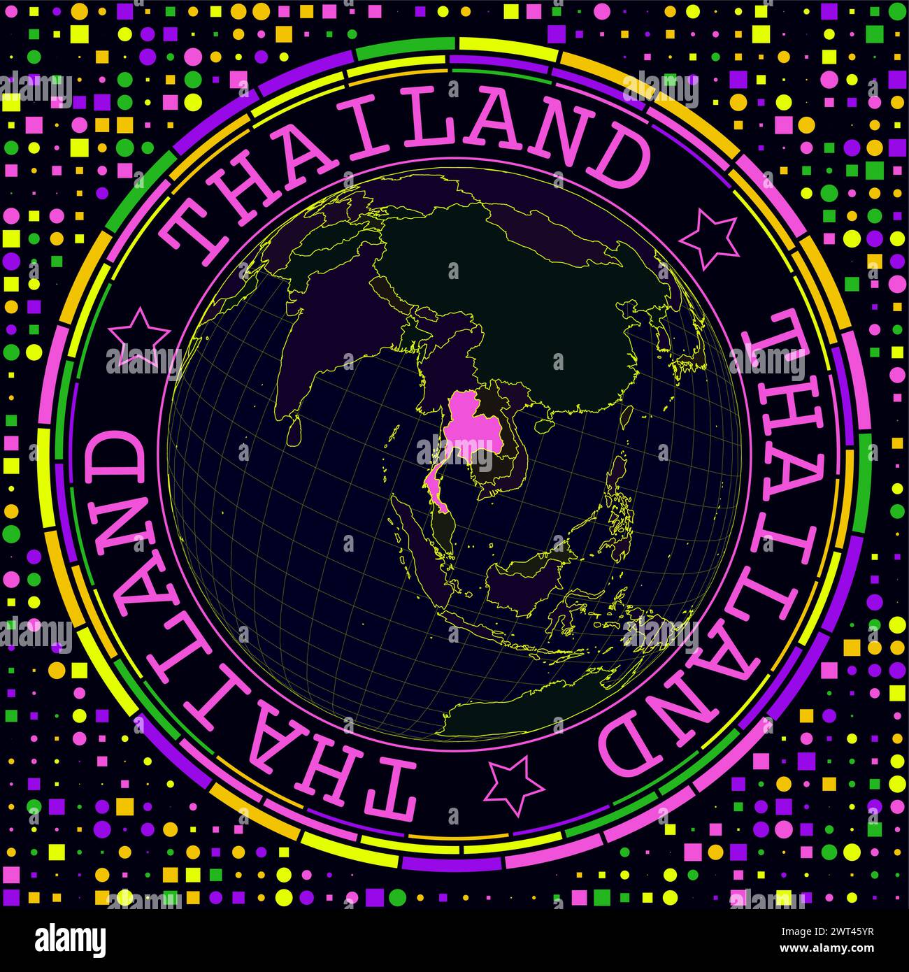 Futuristic Thailand on globe. Bright neon satellite view of the world ...