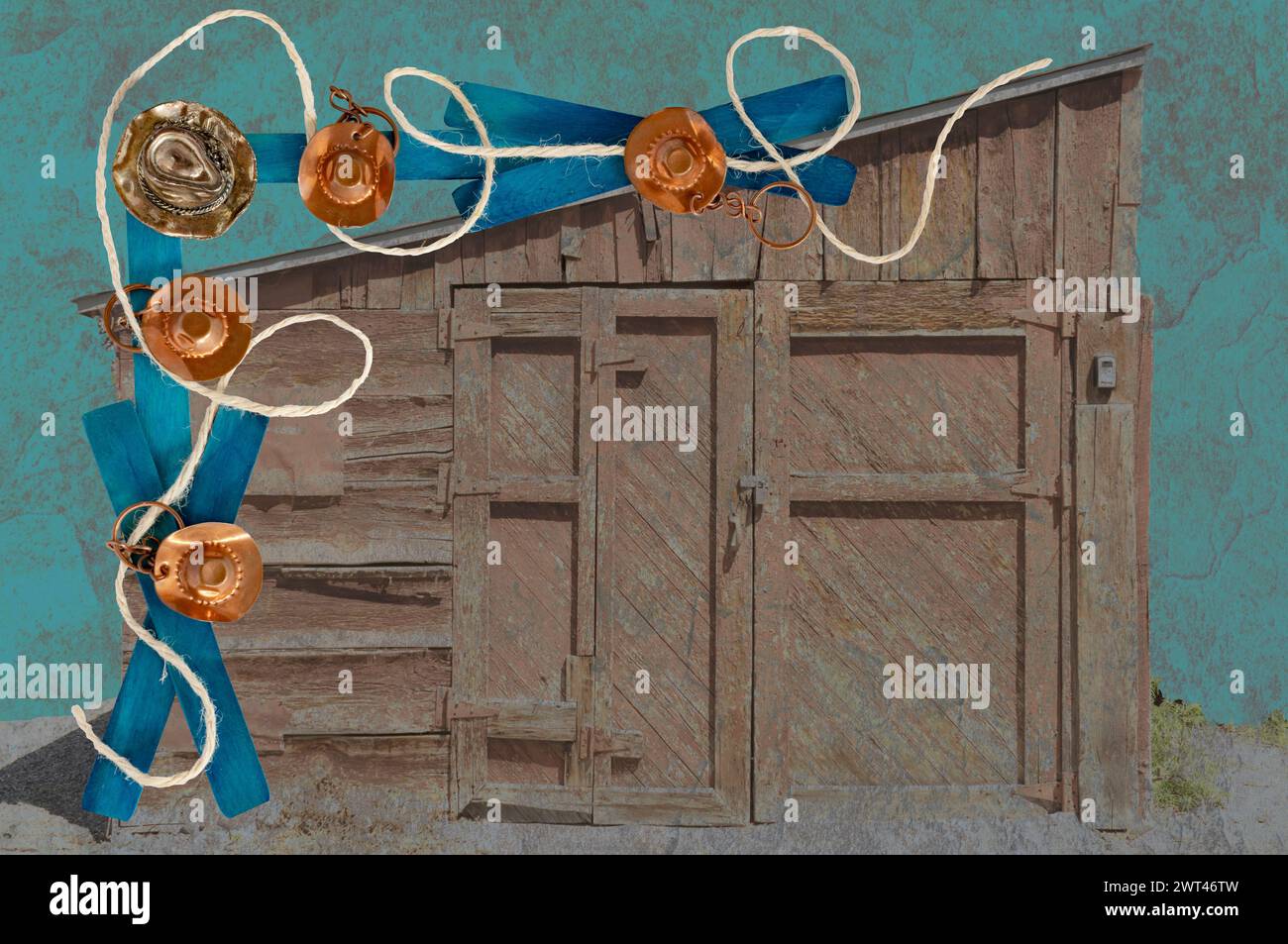 Cowboy western country barn theme shows lariat rope & cowboy hats ...