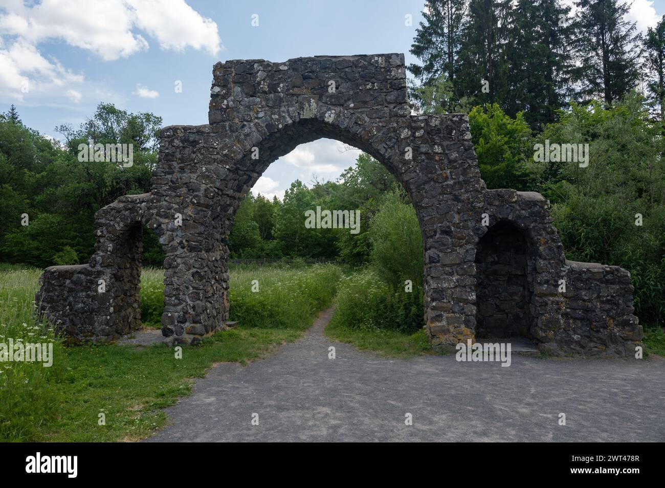 Entrance to the former Reich Labor Service camp, a gate made of basalt ...