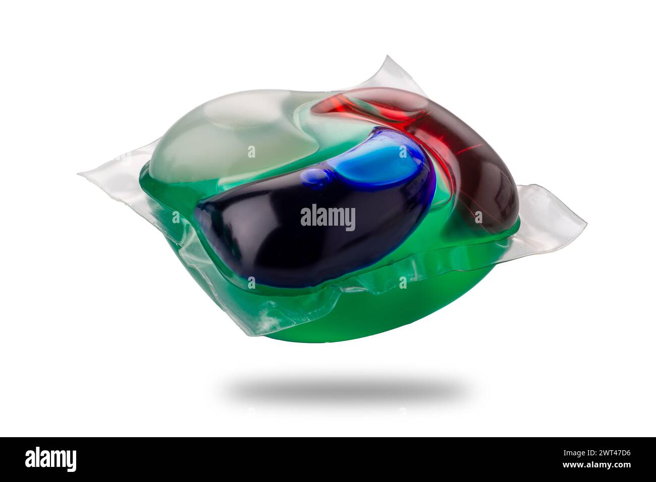 Washing gel capsule pod with laundry detergent isolated on white ...