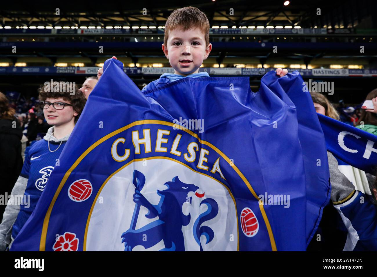 London, UK. 15th Mar, 2024. A young Chelsea fan in the stand before the ...