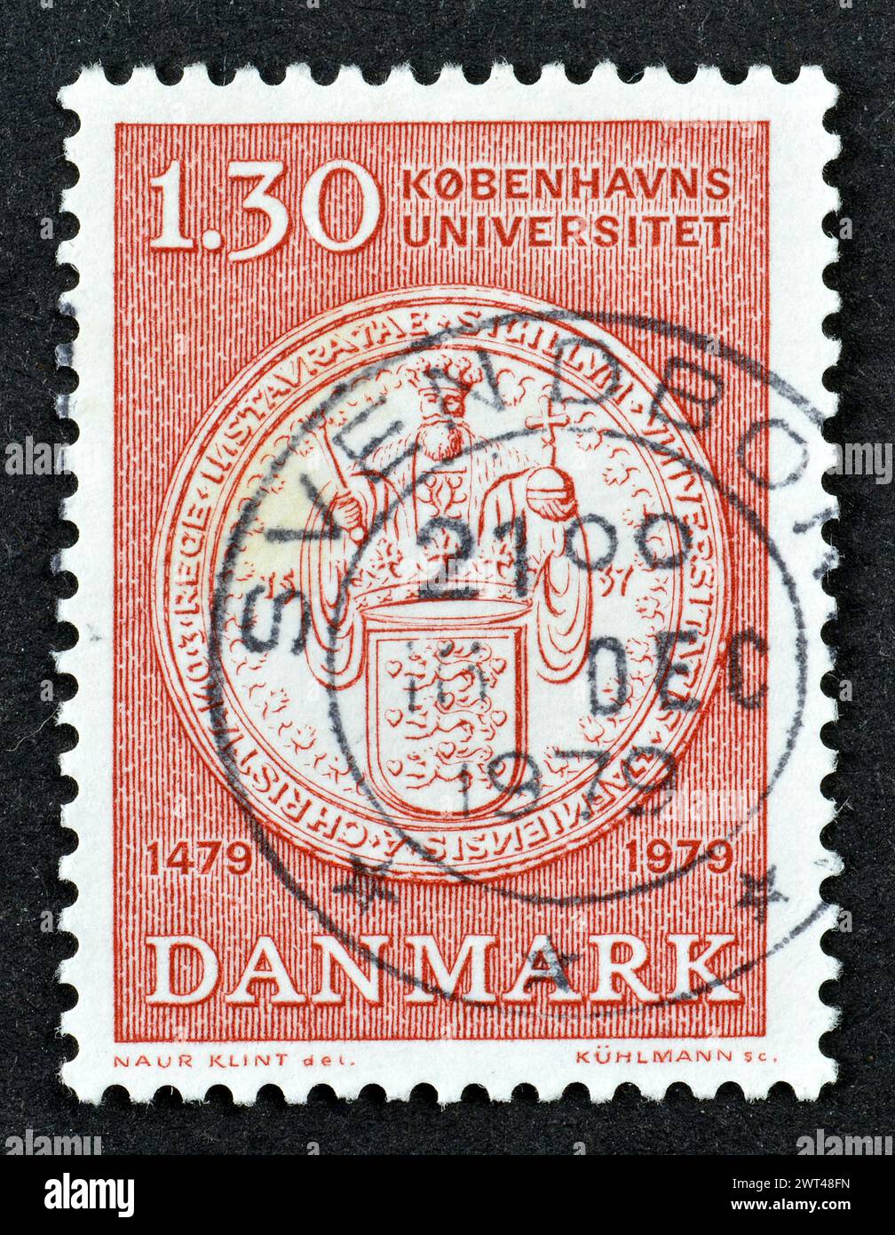 Cancelled postage stamp printed by Denmark, that shows University Seal ...