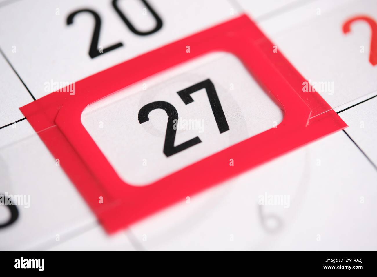 Calendar date. The 27th number the calendar is highlighted in a red ...