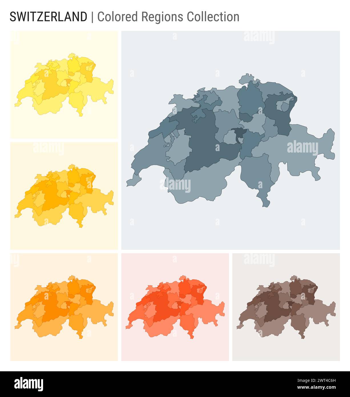 Switzerland map collection. Country shape with colored regions. Blue ...