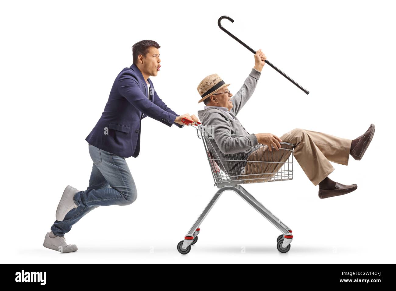 Man pushing a crazy elderly gentleman inside a shopping cart isolated ...