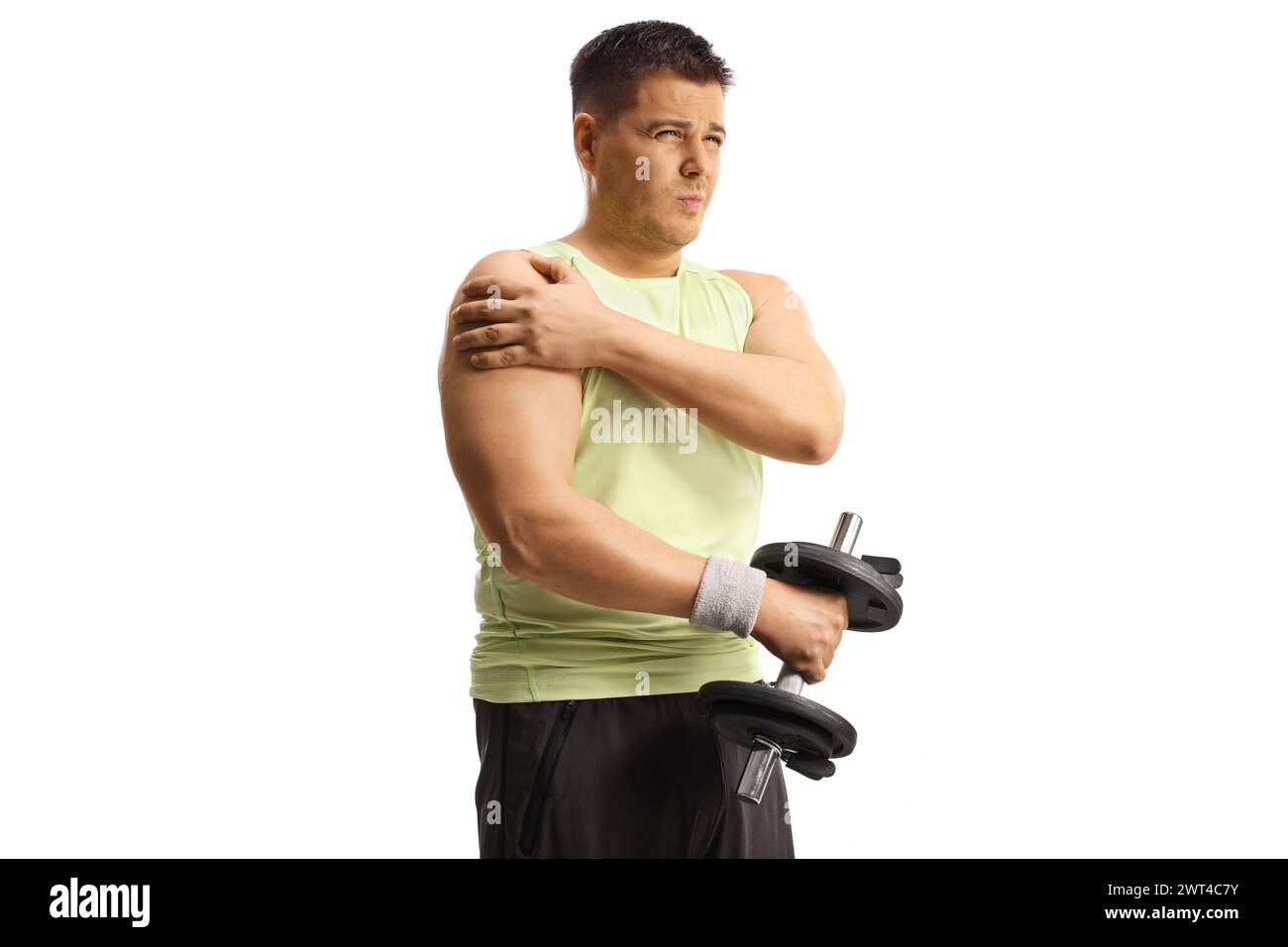 Man with injured shoulder lifting weights isolated on white background ...