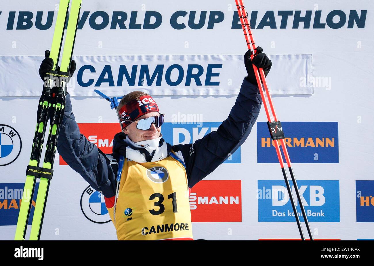 Norway's Johannes Thingnes Boe celebrates his victory following the men ...