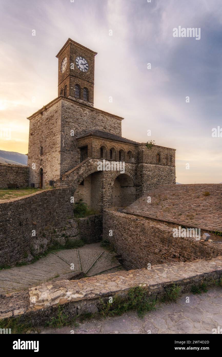 Beautiful clock tower in the castle in Gjirokaster, Albania Stock Photo ...