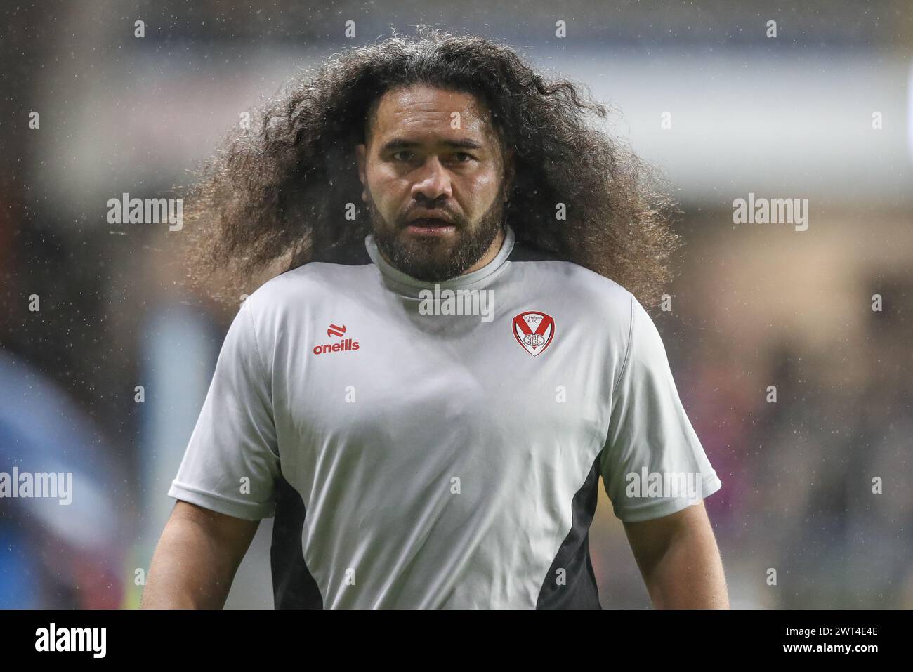 Konrad Hurrell of St. Helens during pre-game warm up during the Betfred ...