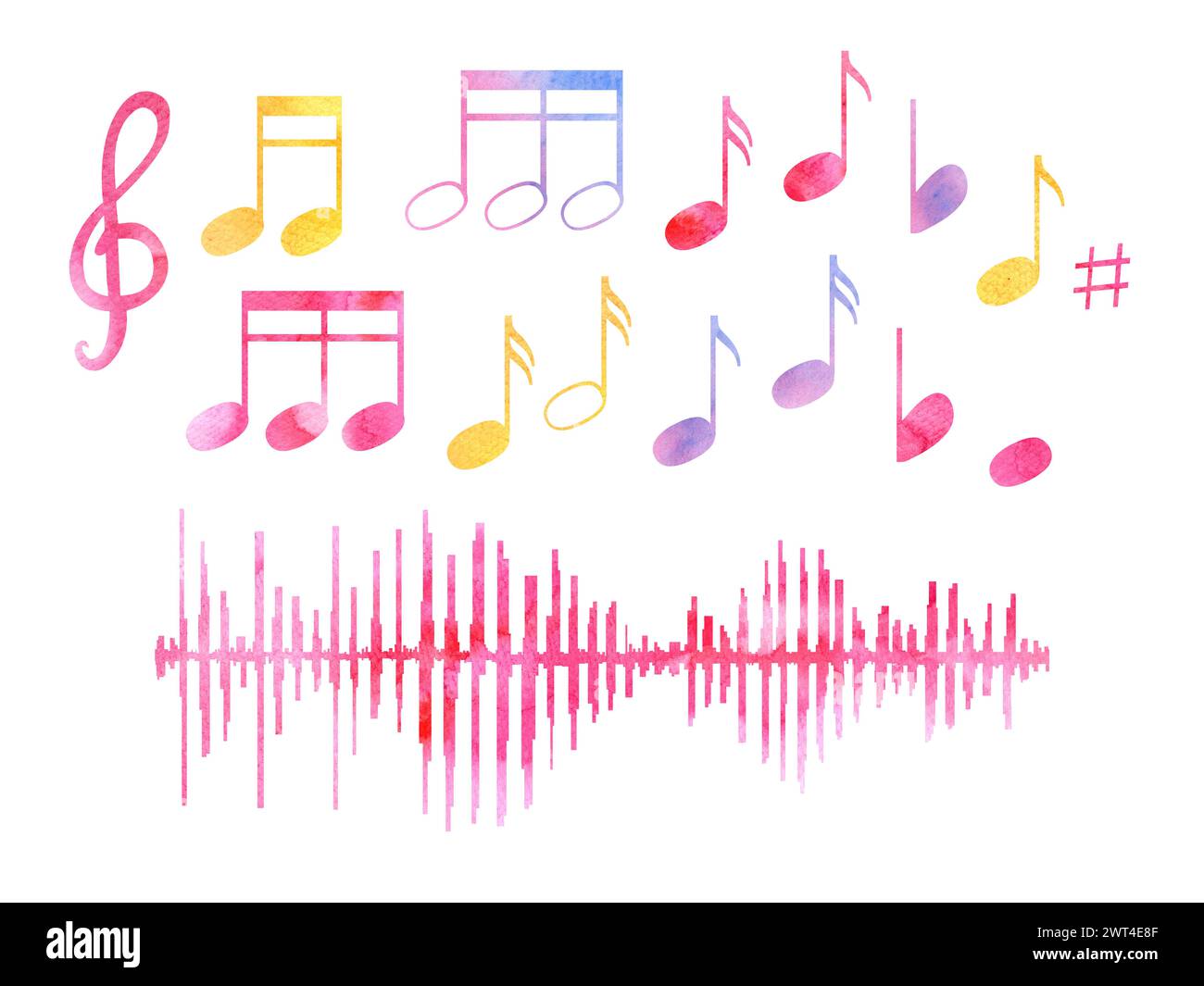 Watercolor music notes and equalizer wave in sketch style. Multicolored ...