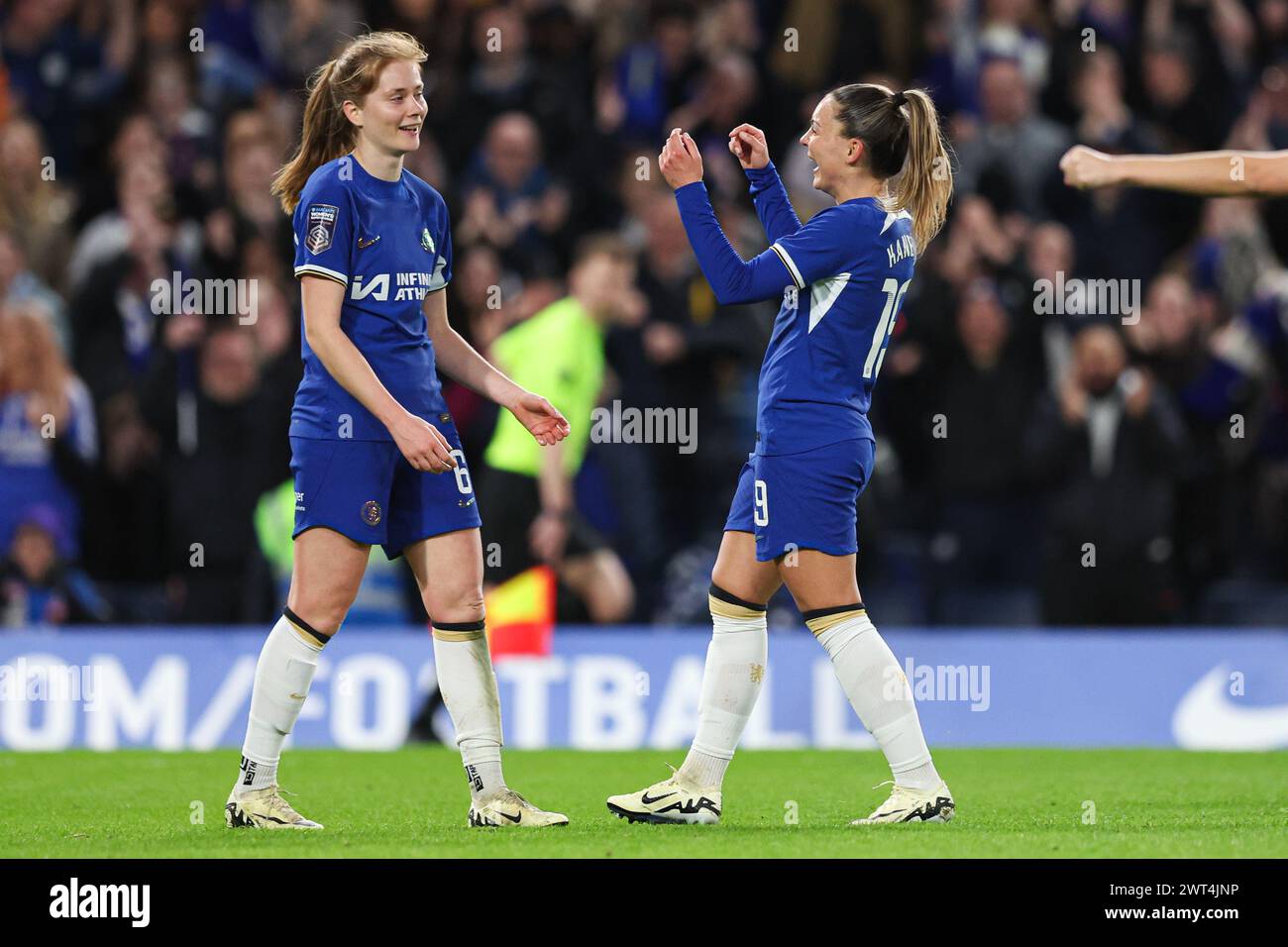 London, UK. 15th Mar, 2024. Sjoeke Nusken of Chelsea (left) celebrates ...