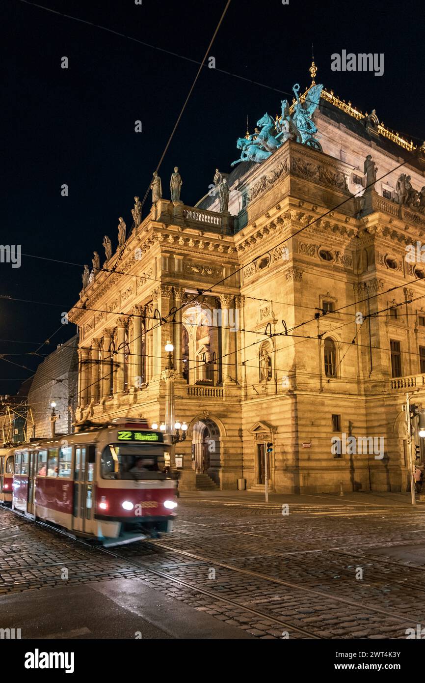 Majestic national theater with iconic red and cream tram captured at ...