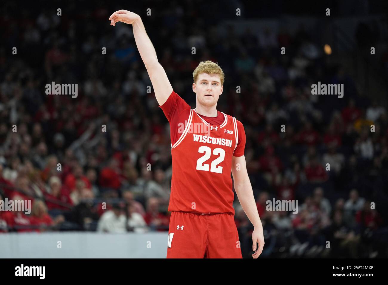 Wisconsin forward Steven Crowl (22) looks toward the team bench after ...
