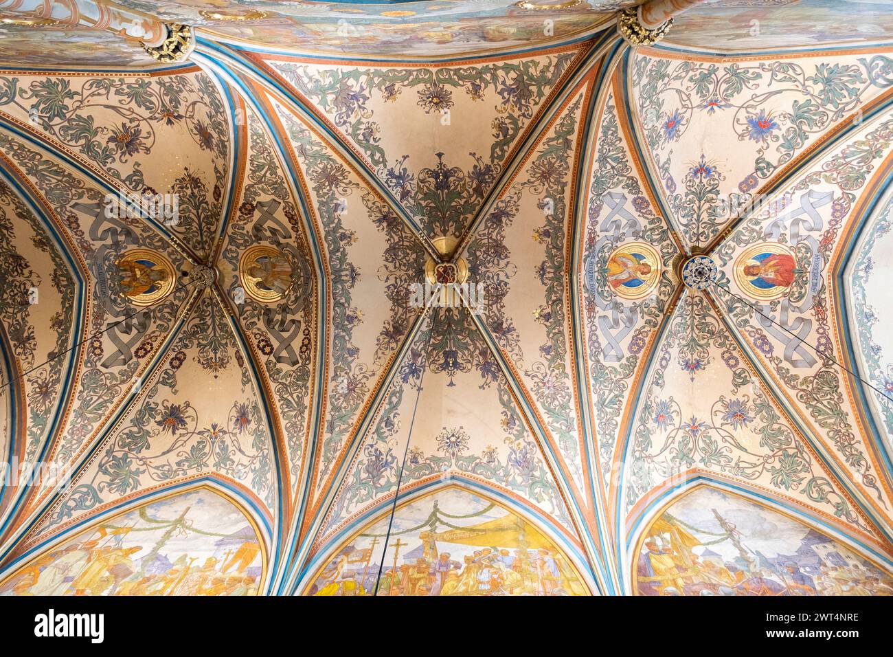 Majestic frescoes adorning the vaulted ceilings of a gothic cathedral ...