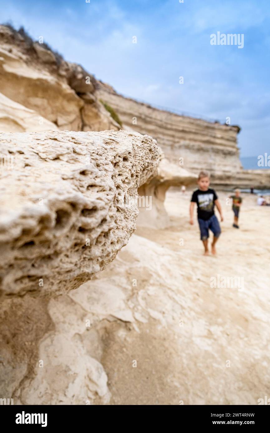 The characteristic rock of Kalanka beach. Malta Stock Photo - Alamy