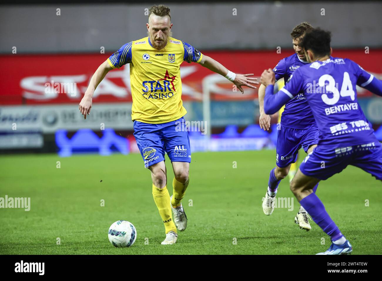 Beveren, Belgium. 15th Mar, 2024. Beveren's Jakov Filipovic pictured in ...