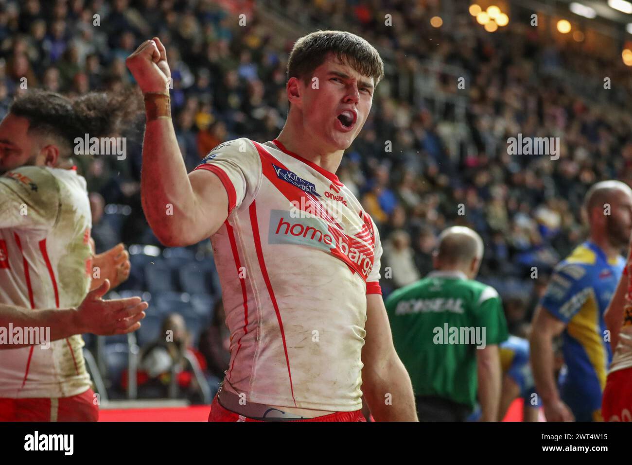 Jon Bennison of St. Helens celebrates his try during the Betfred Super ...