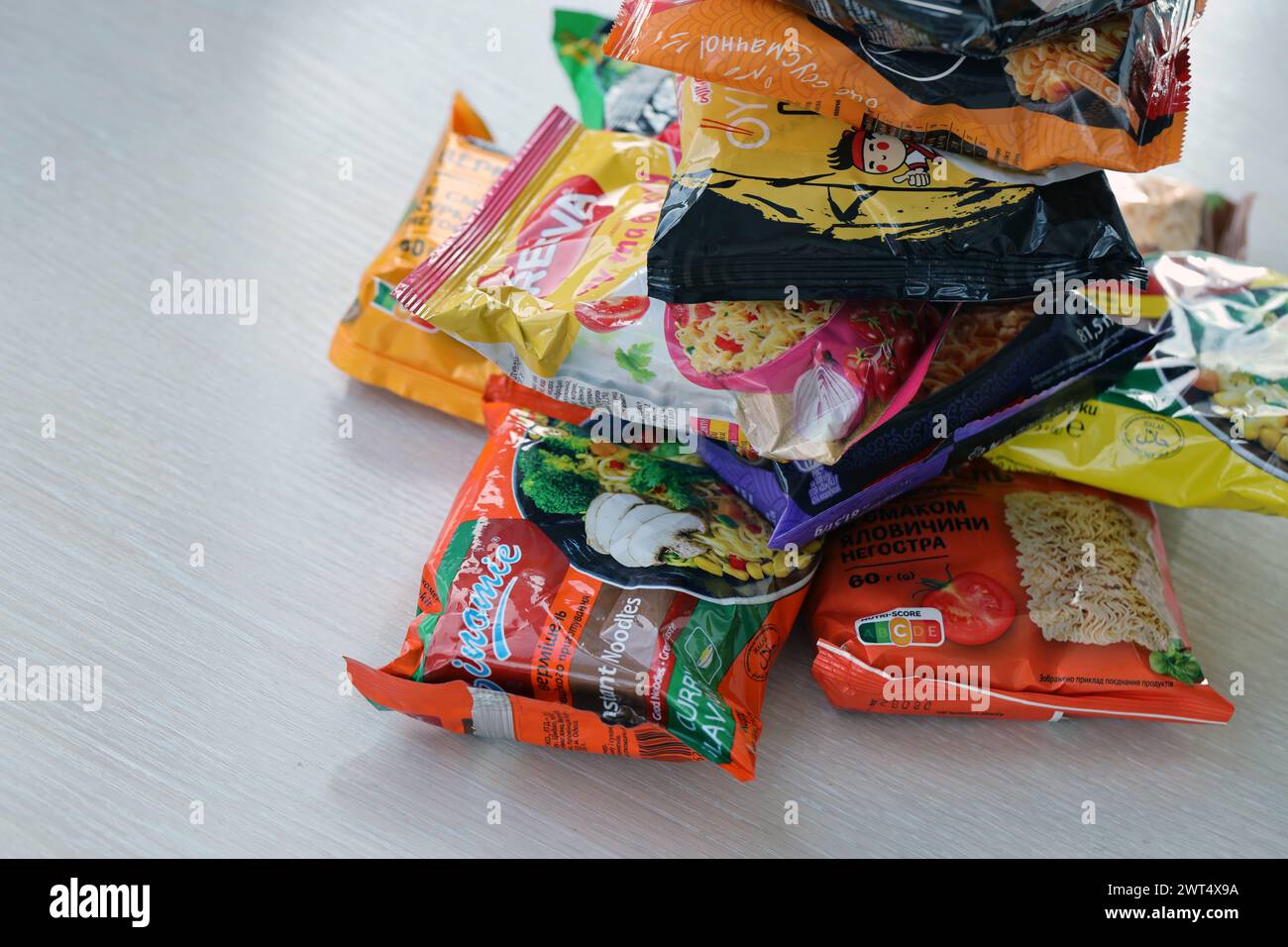 KYIV, UKRAINE - OCTOBER 31, 2023 Many packs of instant noodles for fast ...