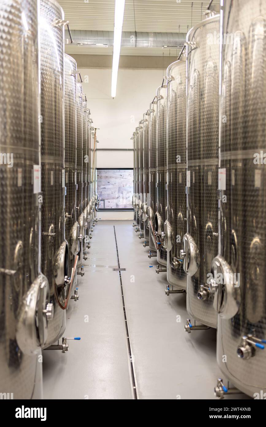 Modern production wine cellar with stainless steel tank, Southern ...