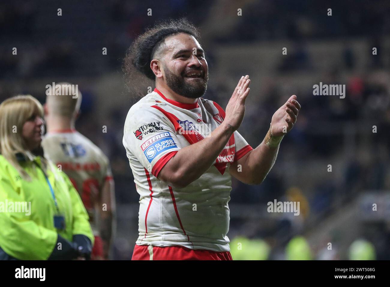 Konrad Hurrell of St. Helens celebrates after the game during the ...