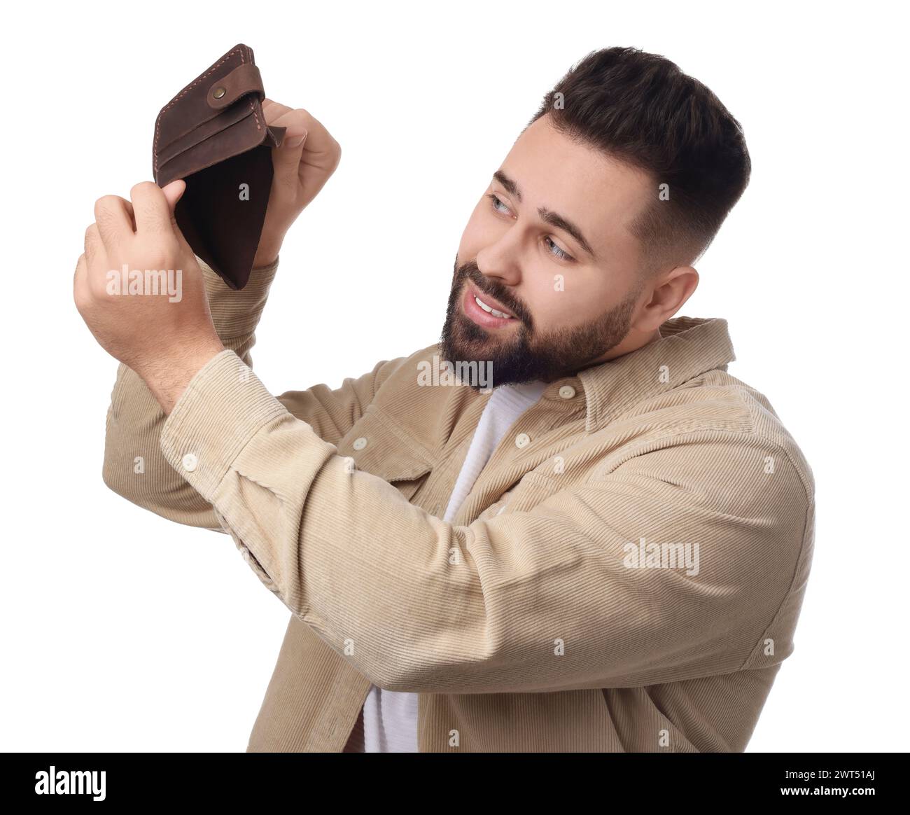 Man showing empty wallet on white background Stock Photo - Alamy