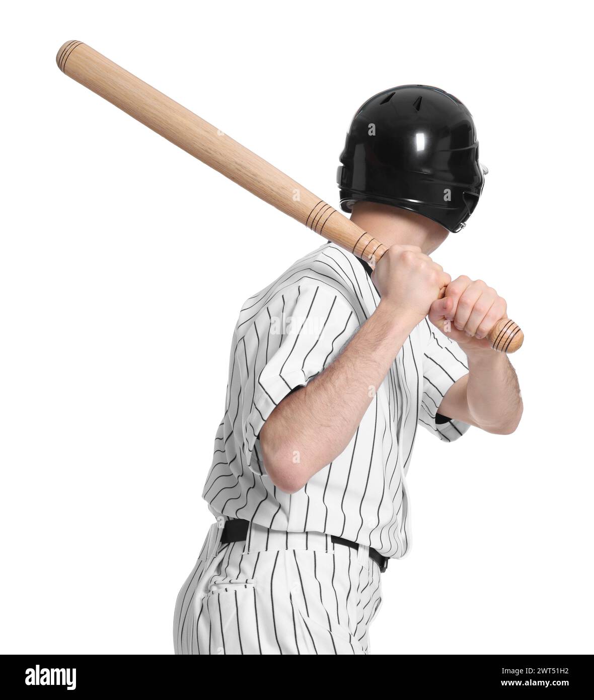 Baseball player taking swing with bat on white background, back view ...