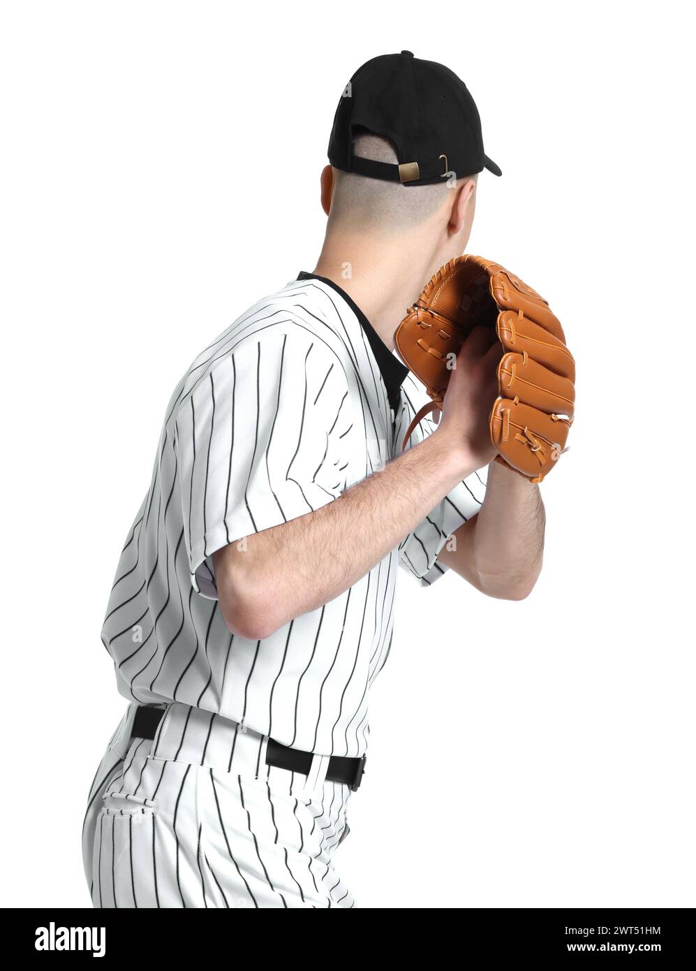Baseball player with glove on white background, back view Stock Photo ...