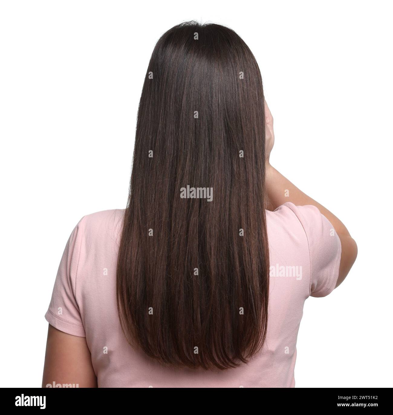 Woman with beautiful hair on white background, back view Stock Photo ...