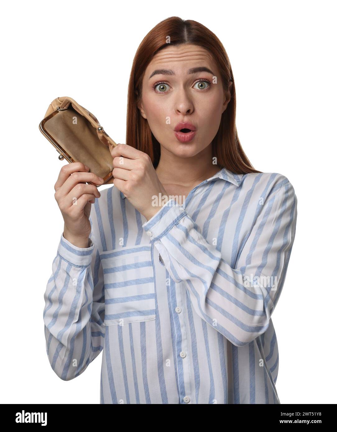 Confused woman with empty wallet on white background Stock Photo - Alamy