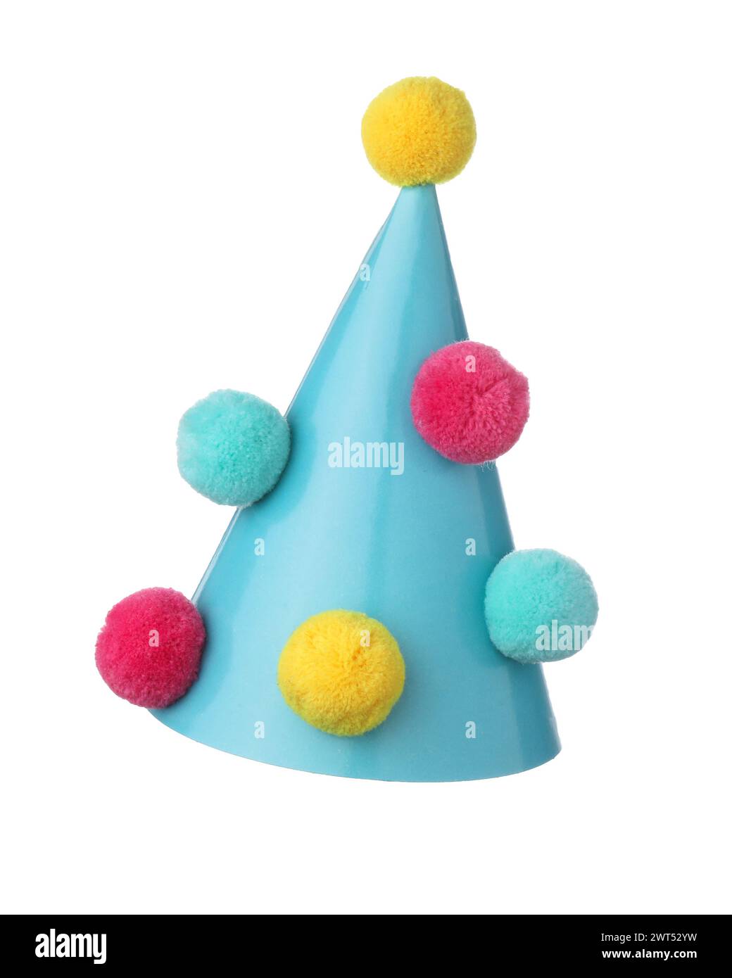One blue party hat with pompoms isolated on white Stock Photo - Alamy