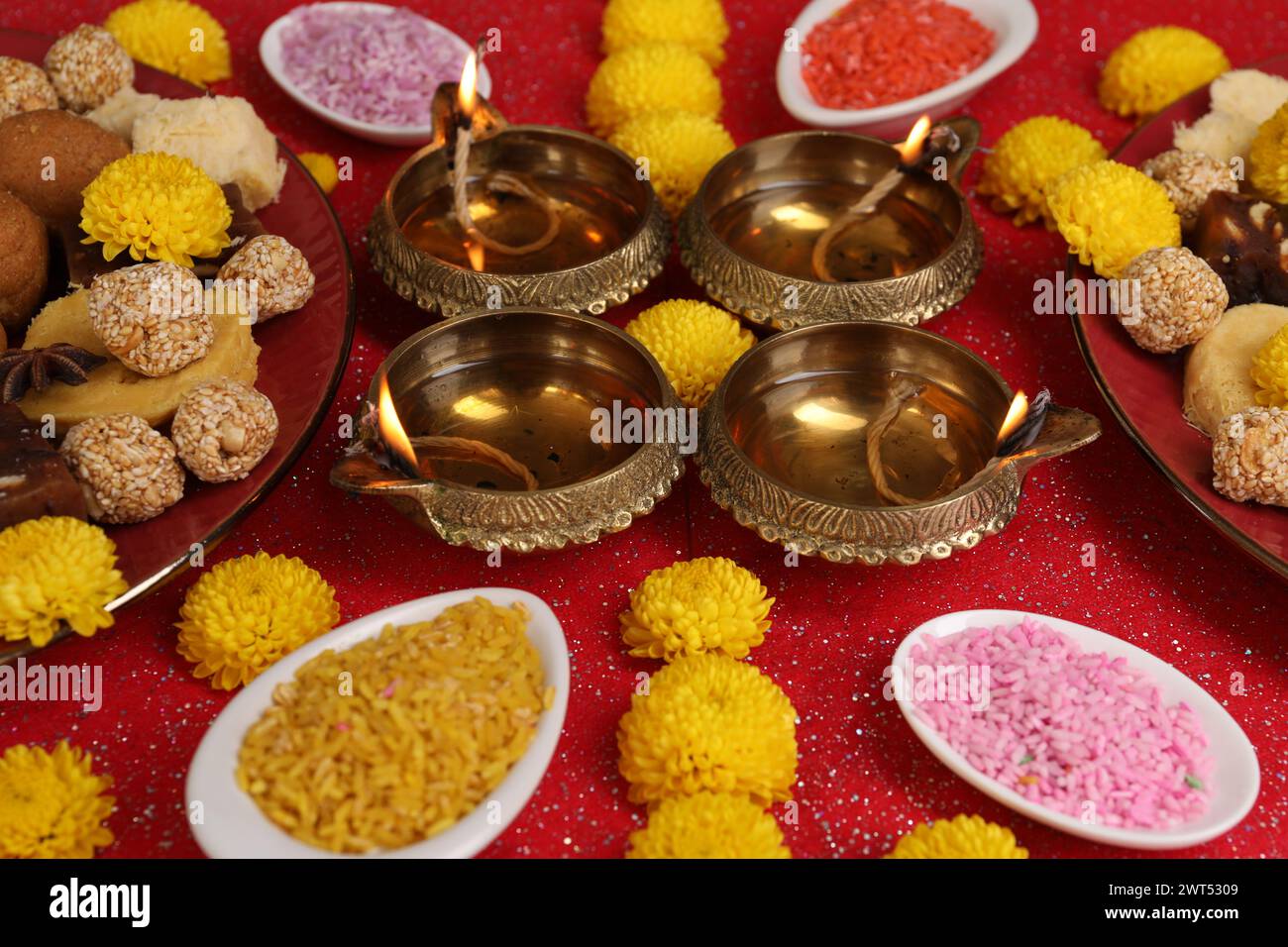 Diwali celebration. Beautiful composition with tasty Indian sweets and ...