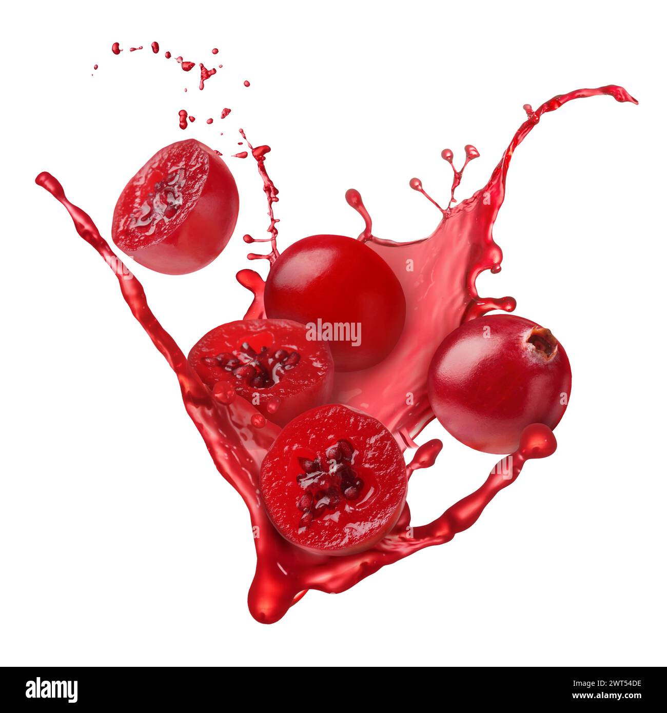 Delicious ripe cranberries and splashing juice in air on white ...
