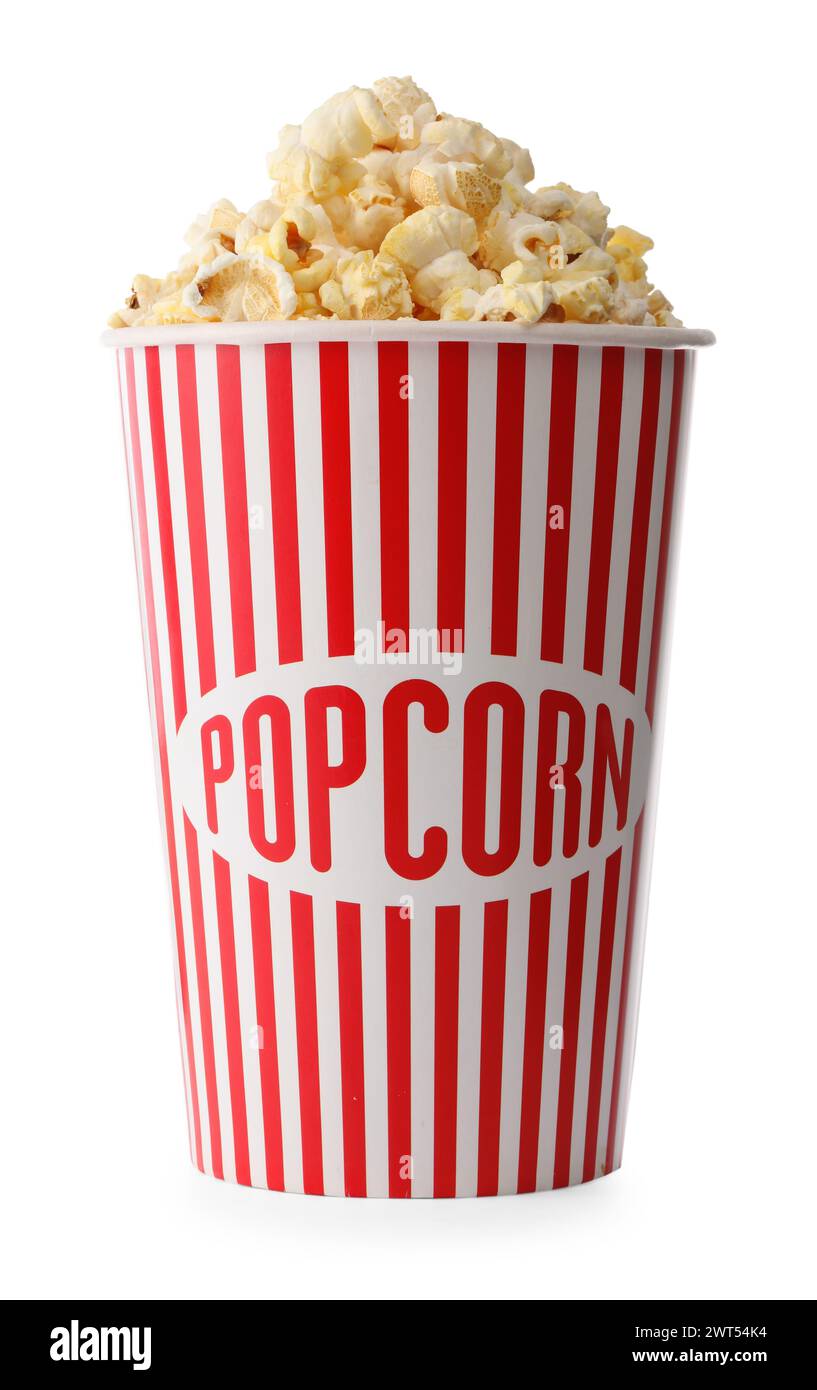 Tasty fresh pop corn in bucket isolated on white Stock Photo - Alamy
