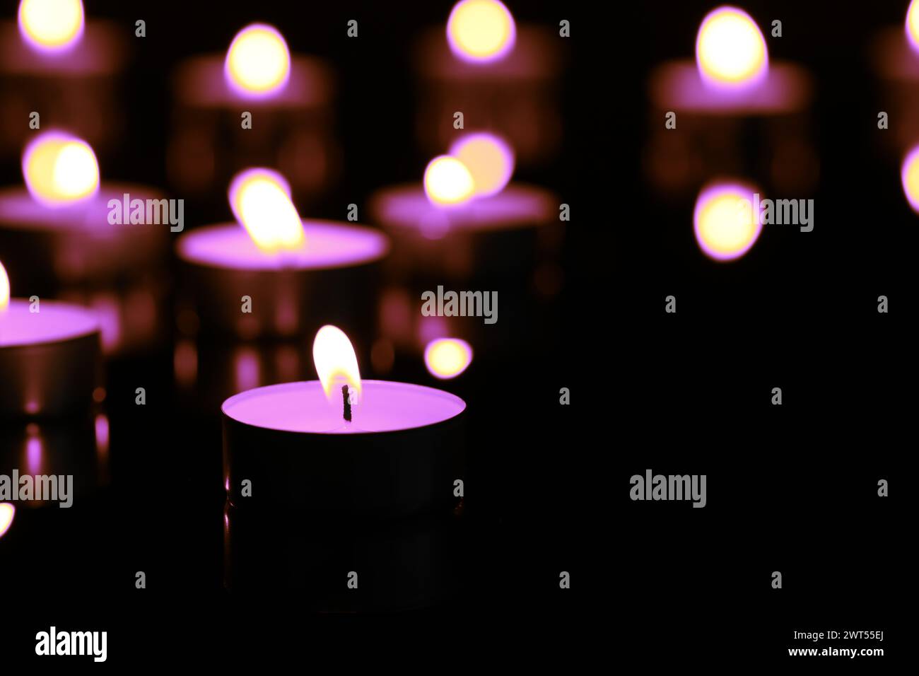 Burning violet candle on black background, closeup. Funeral attributes ...