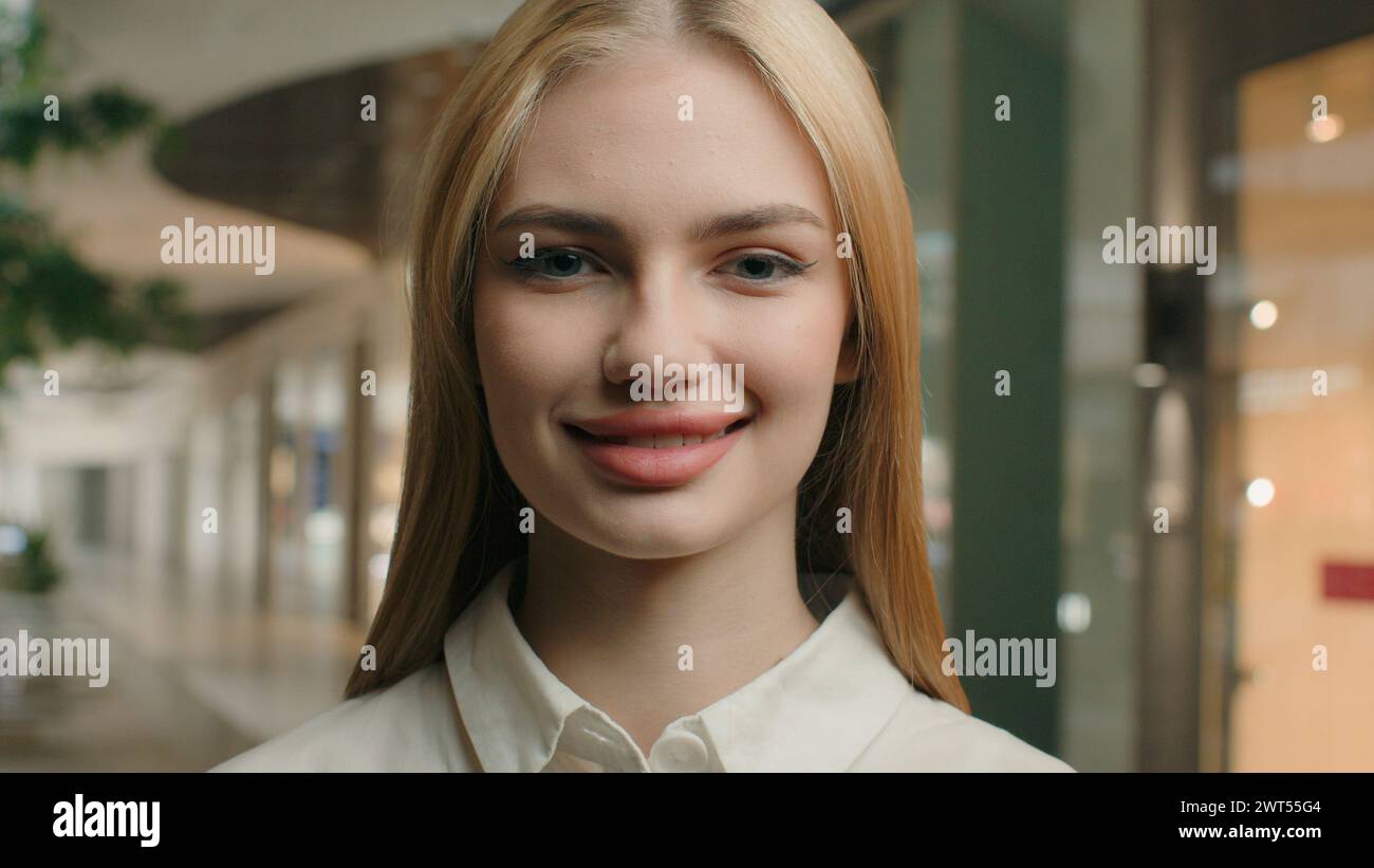 Close up portrait smiling Caucasian girl woman 20s young gen z lady ...