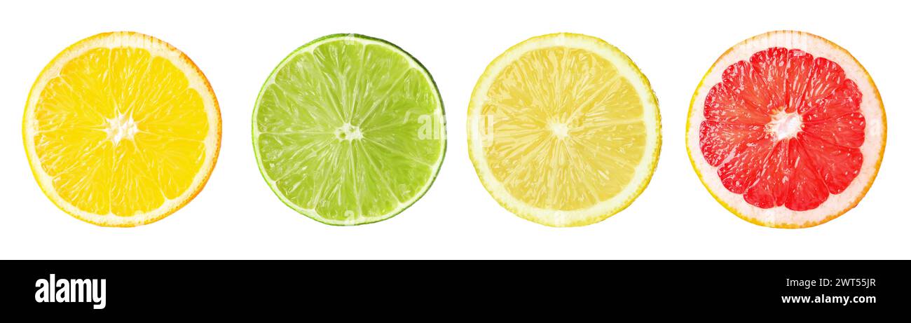 Citrus fruits. Cut fresh lemon, grapefruit, lime and orange isolated on ...