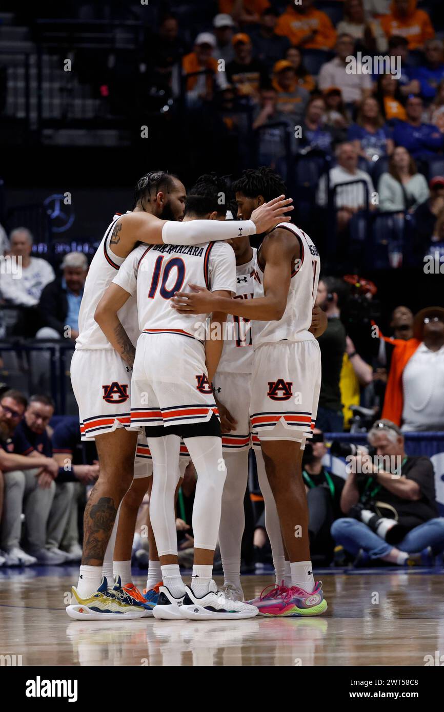 NASHVILLE, TN - MARCH 15: The Auburn Tigers huddle before play begins ...