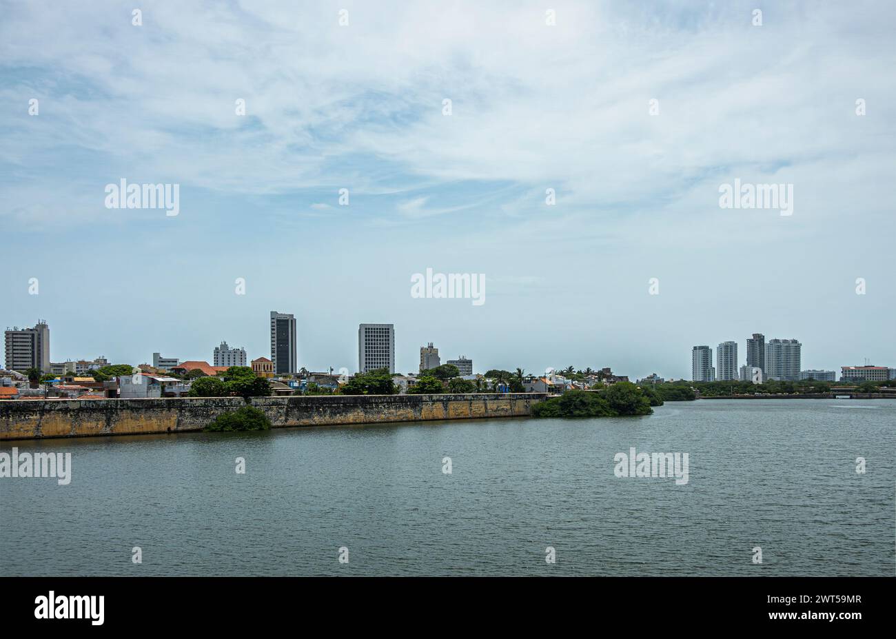 Cartagena, Colombia - July 25, 2023: Looking over bay water at old town ...