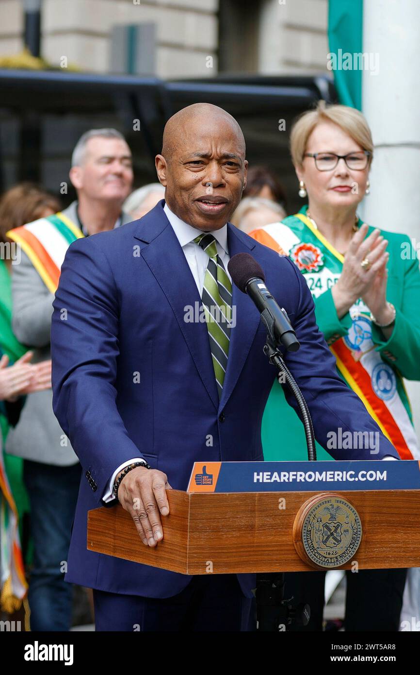 Bowling Green Park, New York, USA, March 15, 2024 - Mayor Eric Adams ...