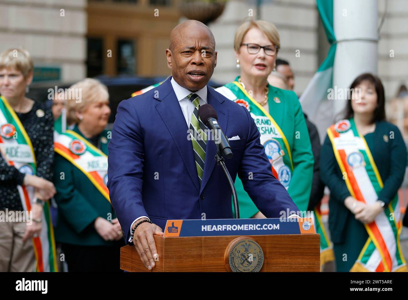 Bowling Green Park, New York, USA, March 15, 2024 - Mayor Eric Adams ...